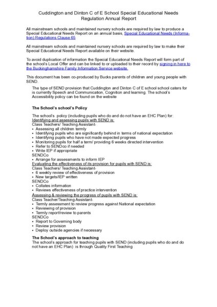 SEN report completed - Cuddington and Dinton School