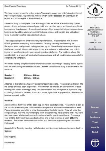 Phonics and Tapestry letter to parents - Cuddington and Dinton School