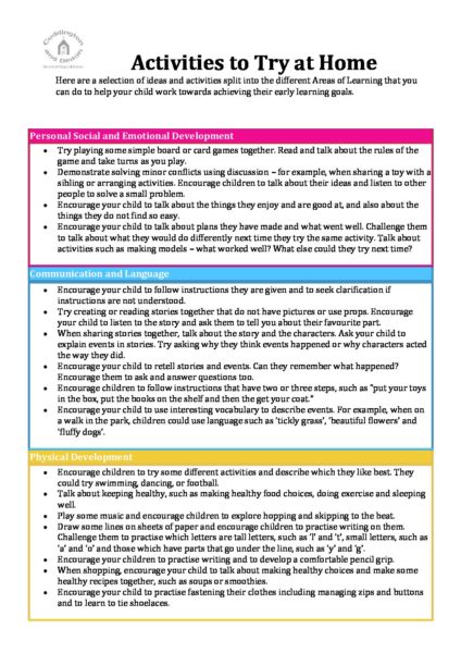 Foundation class- Activities to try at home - Cuddington and Dinton School