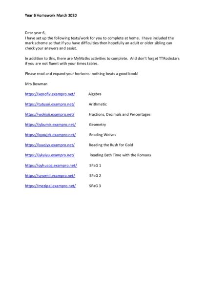 Y6 Homework March 2020 - Cuddington and Dinton School