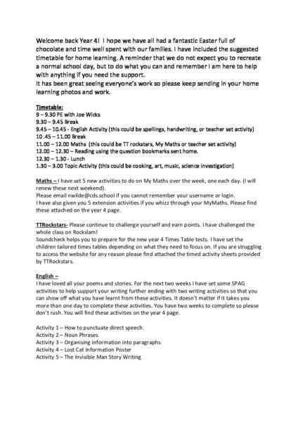 Year 4 Homework 20th April - Cuddington and Dinton School