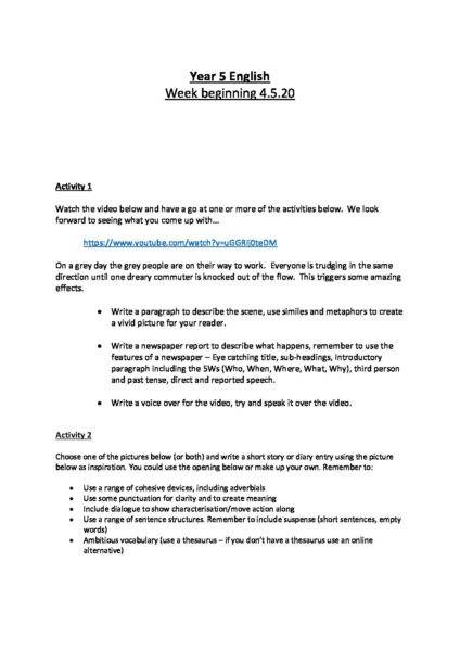 Year 5 English homework 4th May - Cuddington and Dinton School