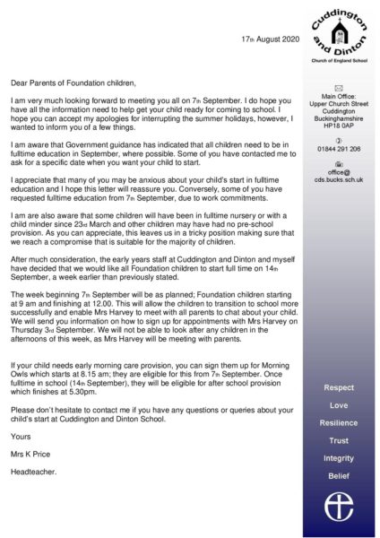 New Founadtion class letter to parents - Cuddington and Dinton School