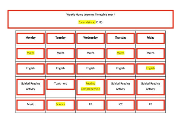 Weekly Home Learning Timetable Year 4 - Cuddington and Dinton School