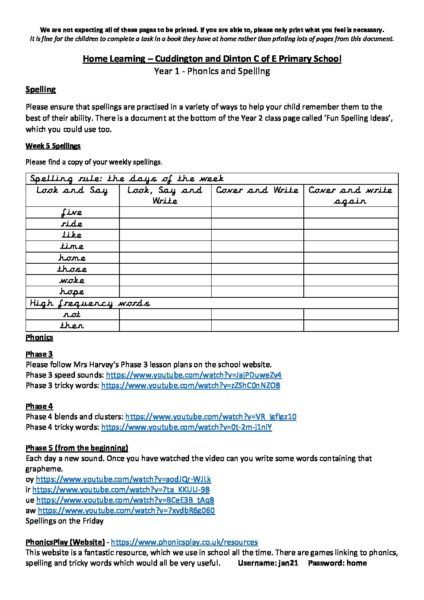Year 1 - Daily Lesson Plans - Cuddington and Dinton School