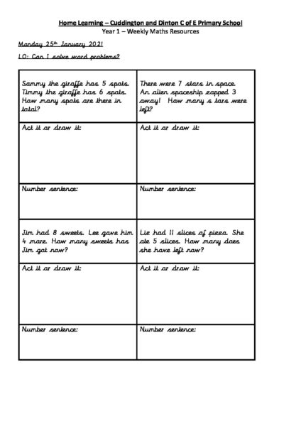Year 1 - Weekly Maths Resources - Cuddington and Dinton School