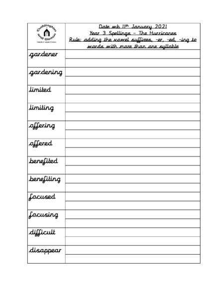 Year 3 spelling Spring 1 Week 2 - The Hurricanes - Cuddington and ...