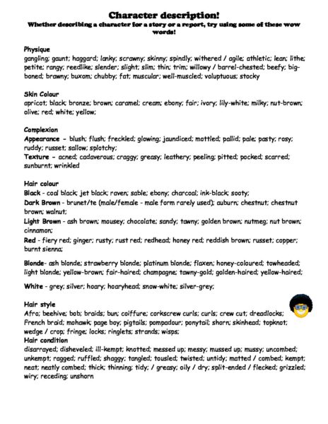 English - Monday's Character Description - Word Bank - Cuddington and ...