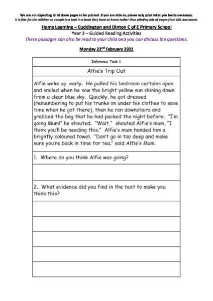 Year 2 - Guided Reading Tasks - Cuddington and Dinton School