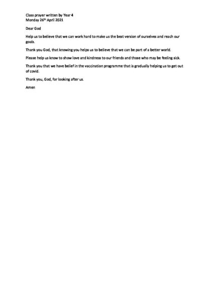 Class prayer written by Year 4 - Cuddington and Dinton School