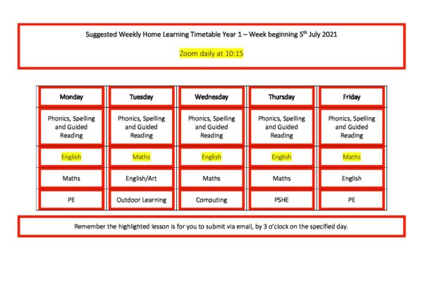 Year 1 - Weekly Home Learning Timetable - Cuddington and Dinton School