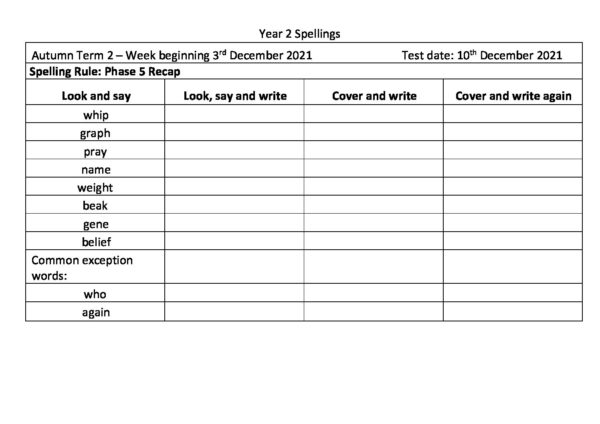 Y2 spellings Autumn 2 for test 10th December - Cuddington and Dinton School