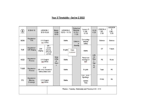 Year 3 Timetable Spring 2 - Cuddington and Dinton School