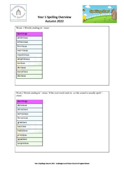 Spelling Shed Overview Year 5 Autumn - Cuddington and Dinton School