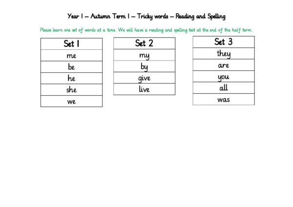 Year 1 Tricky Words for Reading and Spelling - Autumn Term 1 ...