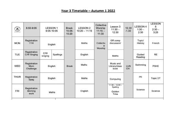 Year 3 Autumn timetable - Cuddington and Dinton School
