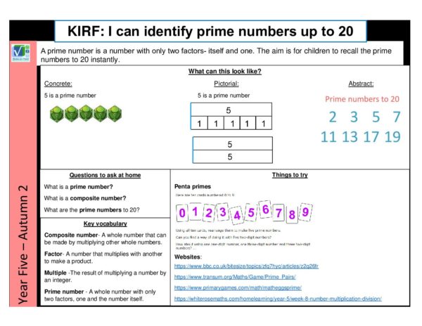 Year 5 - Autumn 2 - identify prime numbers up to 20 - Cuddington and ...