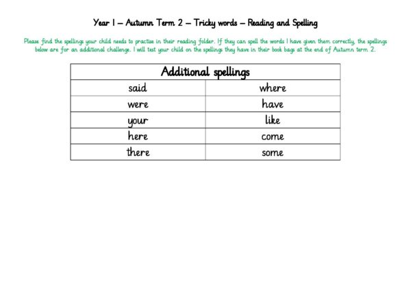 Year 1 Tricky Words for Reading and Spelling - Autumn Term 2 ...