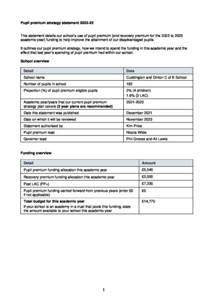 Pupil Premium Strategy 2022-23 - Cuddington and Dinton School