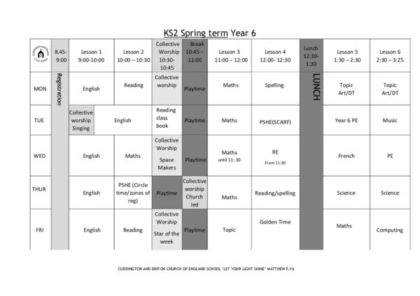 Year 6 Spring timetable 2024 - Cuddington and Dinton School