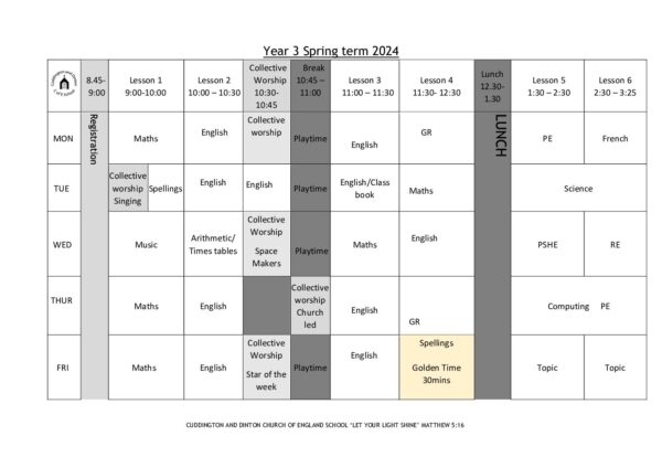 Year 3 Timetable Spring 24 - Cuddington and Dinton School