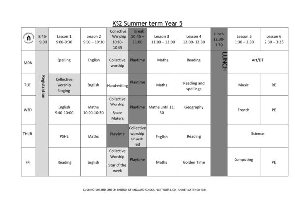 KS2 Timetable Summer 24 - Year 5 - Cuddington and Dinton School
