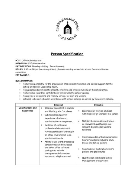 Person Specification for School Administrator Dec 24 - Cuddington and ...