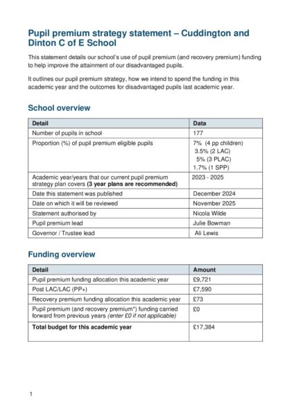 Pupil Premium Stragegy Statement 2023-2024 - Cuddington and Dinton School