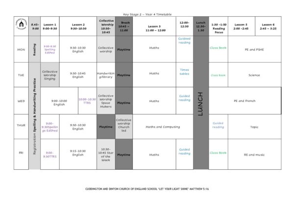 YYear 4 Timetable - Spring Term 2025 - Cuddington and Dinton School